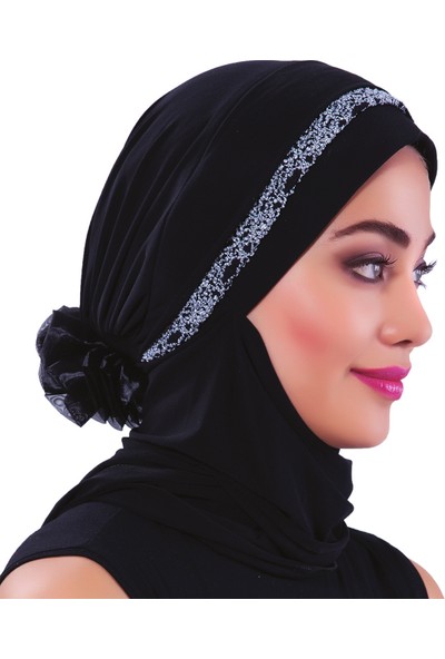 Fidan Katmerli Atkılı Buklet Siyah Gri Tesettür Bone