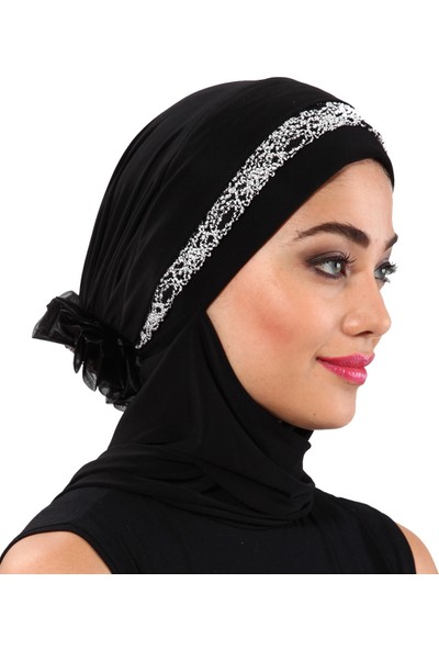 Fidan Katmerli Atkılı Buklet Siyah Beyaz Tesettür Bone