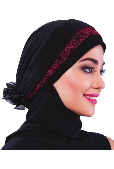 Fidan Bone Katmerli Atkılı Buklet Siyah Bordo Hazır Türban Tesettür Bone
