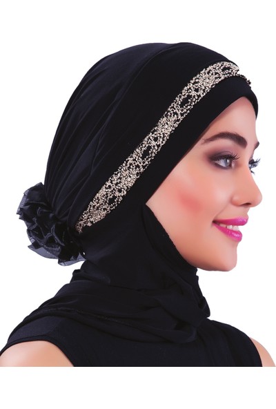 Fidan Katmerli Atkılı Buklet Siyah Bej Tesettür Bone