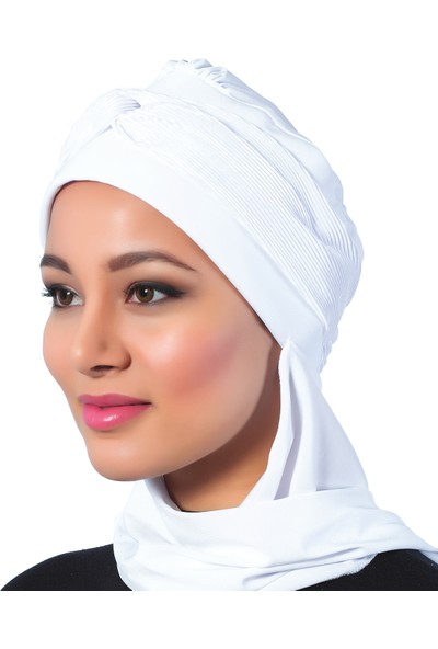 Fidan Düğümlü Plise Atkılı Beyaz Tesettür Bone