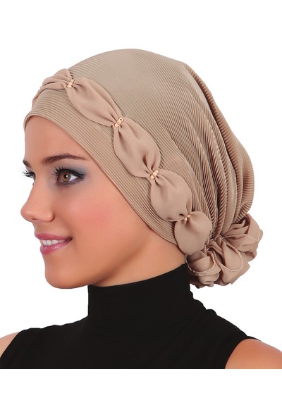 Fidan Bone Pliseli Büzgülü Bej Hazır Türban Tesettür Bone