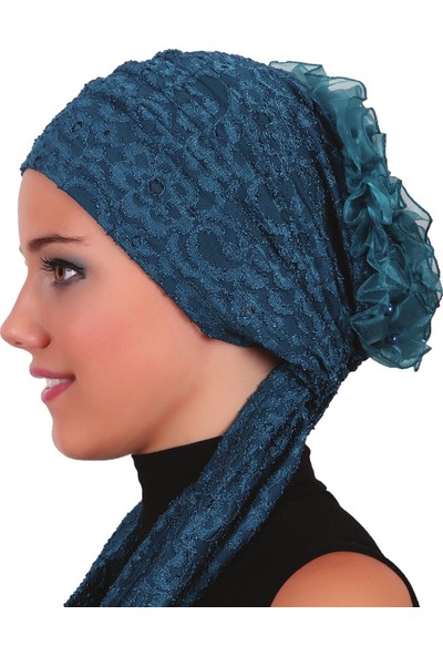 Fidan Bone Dantel Bağlama Petrol Hazır Türban Tesettür Bone