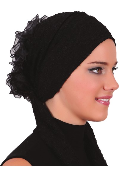 Fidan Bone Dantel Bağlama Siyah Hazır Türban Tesettür Bone