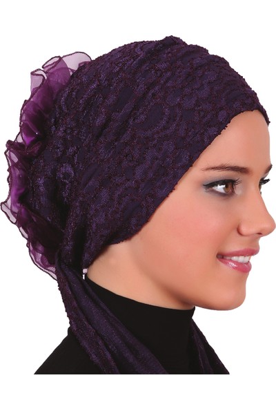 Fidan Bone Dantel Bağlama Mor Hazır Türban Tesettür Bone