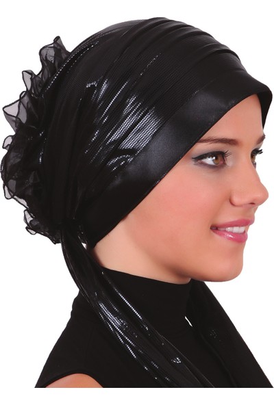 Fidan Bone Lame Bağlama Siyah Hazır Türban Tesettür Bone