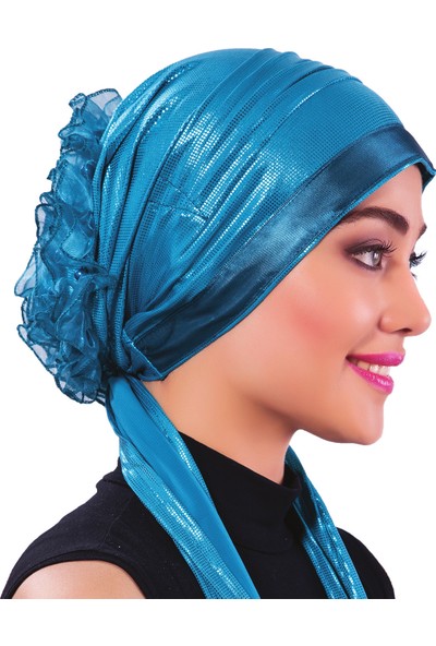 Fidan Bone Lame Bağlama Petrol Hazır Türban Tesettür Bone