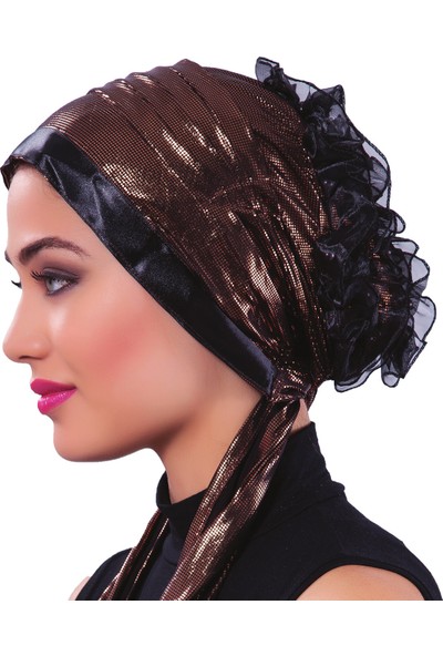 Fidan Bone Lame Bağlama Kahve Hazır Türban Tesettür Bone