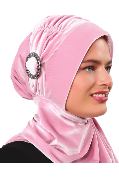 Fidan Kadife Tokalı Atkılı Pudra Tesettür Bone