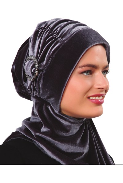 Fidan Kadife Tokalı Atkılı Füme Tesettür Bone