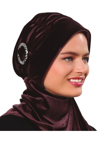 Fidan Bone Kadife Tokalı Atkılı Kahve Hazır Türban Tesettür Bone