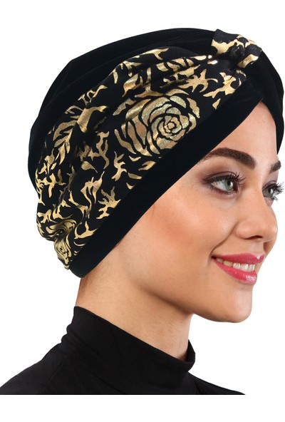 Fidan Kadife Bantlı Özel Tasarım Altın Gül Yaprak Desenli Tesettür Bone