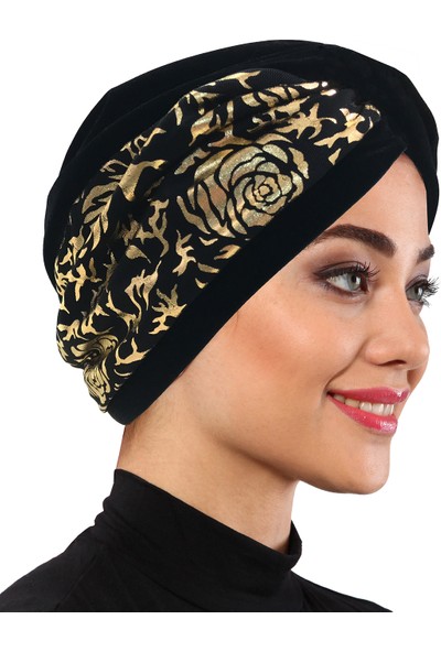 Fidan Kadife Özel Tasarım Altın Gül Yaprak Desenli Tesettür Bone