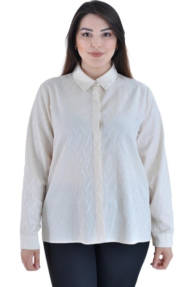 Moda Minerva Ekru Jakarlı Büyük Beden Gömlek 1K5407BD Moda Minerva Ekru Jakarlı Büyük Beden Gömlek 1K5407BD