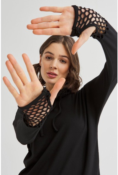 Penti Siyah Mesh Polo Yaka Sweatshirt