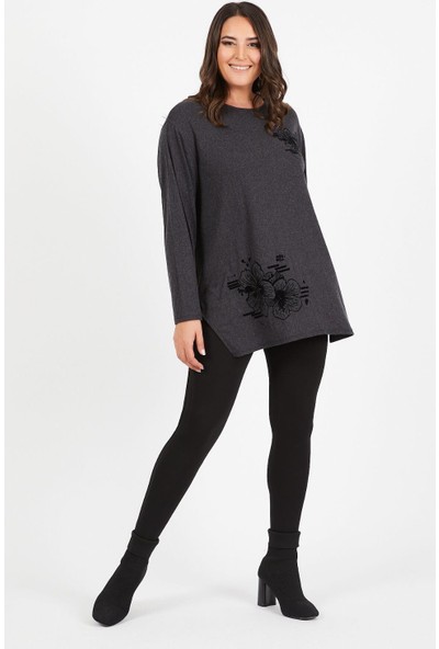 Siyezen Büyük Beden Siyah Tırtıklı Şerit Tayt