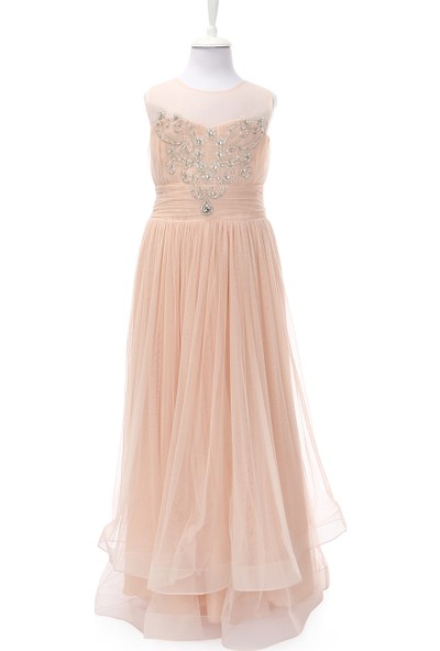 Mileny Somon Üst Kısmı Taşlı Kelebek Detaylı Kız Çocuk Abiye Elbise - Somon