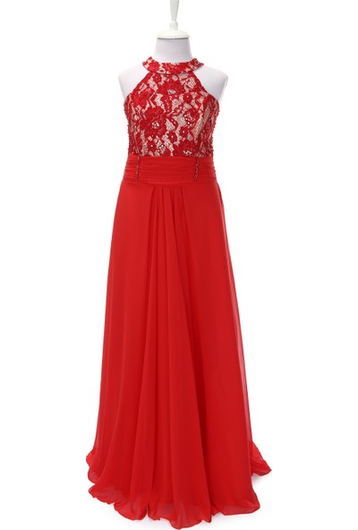 Mileny Dantel Işlemeli Çocuk Abiye-Kırmızı