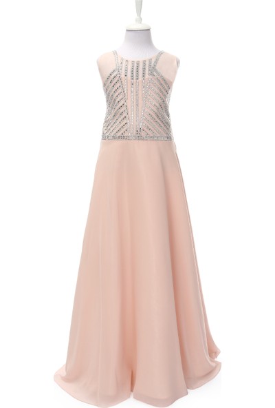 Mileny Kız Çocuk Abiye Elbise Pudra Üst Kısmı Taş Detaylı