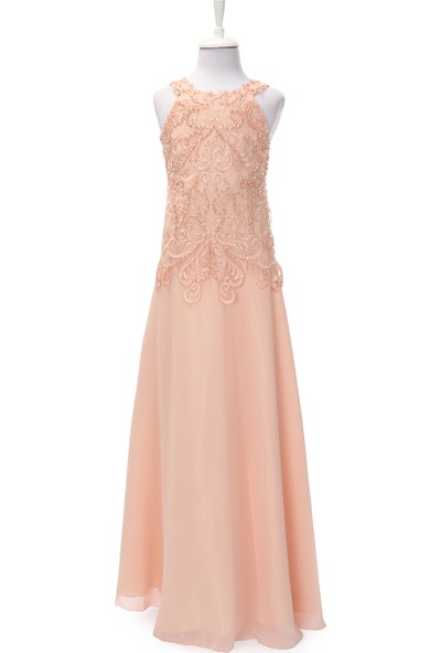 Mileny Kız Çocuk Üst Kısmı Taş Işlemeli Şifon Abiye - Beyaz