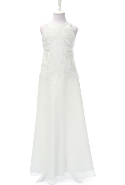 Mileny Kız Çocuk Üst Kısmı Taş Işlemeli Şifon Abiye - Beyaz