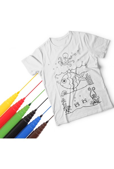 T-Moni Design Boyanabilir Balık Desenli Erkek Çocuk Tişörtü + Faber Castell 6'lı Keçeli Boya Kalemi T-Moni Design Boyanabilir Balık Desenli Erkek Çocuk Tişörtü + Faber Castell 6'lı Keçeli Boya Kalemi