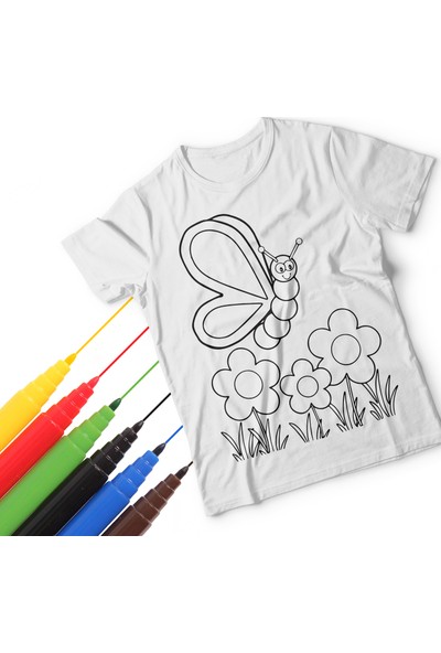 T-Moni Design Boyanabilir Kelebek Desenli Erkek Çocuk Tişörtü + Faber Castell 6'lı Keçeli Boya Kalemi T-Moni Design Boyanabilir Kelebek Desenli Erkek Çocuk Tişörtü + Faber Castell 6'lı Keçeli Boya Kalemi