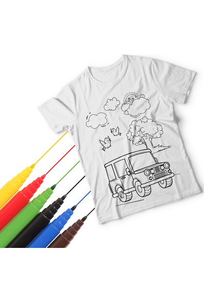 T-Moni Design Boyanabilir Araba Desenli Erkek Çocuk Tişörtü + Faber Castell 6'lı Keçeli Boya Kalemi T-Moni Design Boyanabilir Araba Desenli Erkek Çocuk Tişörtü + Faber Castell 6'lı Keçeli Boya Kalemi