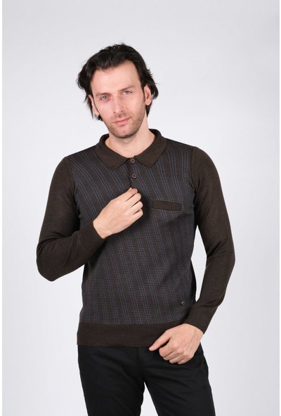 Çizgi Triko Polo Yaka Erkek Triko Kazak Çelik Örgü
