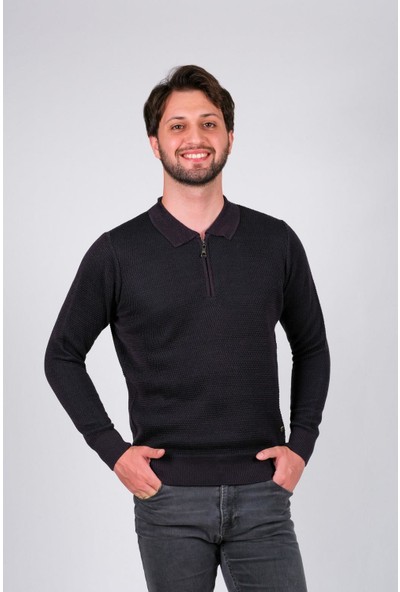 Çizgi Triko Erkek Polo Yaka Fermuarlı Triko Kazak Desenli Klasik Bel ve Kol Lastikli Dokuma Çelik Örgü