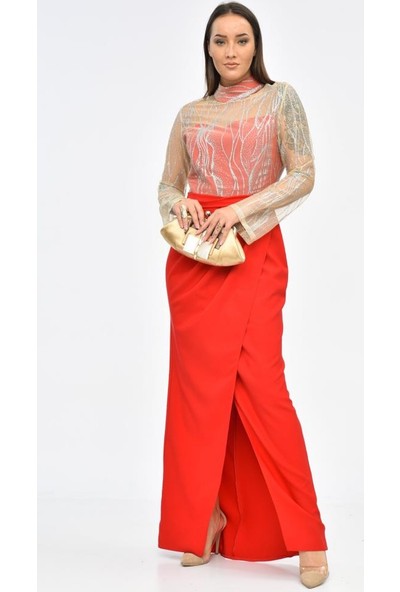 Modkofoni Balıkçı Yaka Tül Detaylı Uzun Kollu Yırtmaçlı Abiye Elbise