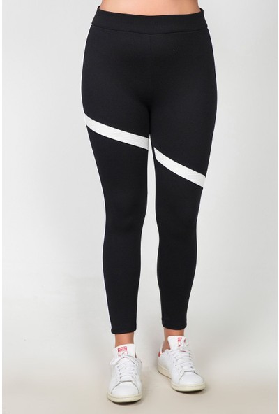 Womenice Kadın Siyah Toparlayıcı Yanı Dizi Beyaz Şerit Büyük Beden Tayt