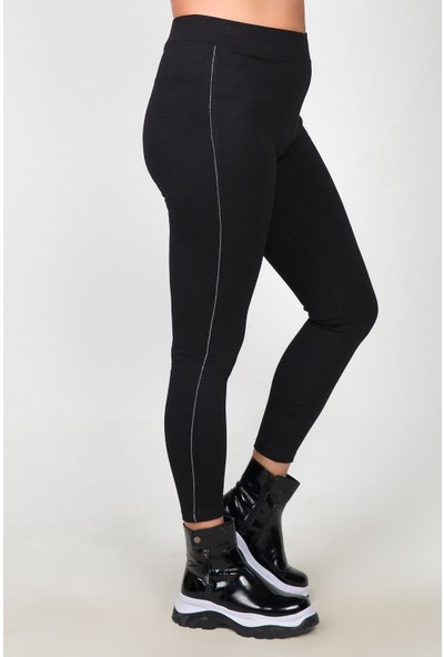 Womenice Kadın Siyah Toparlayıcı Yanı Gümüş Çizgili Büyük Beden Tayt