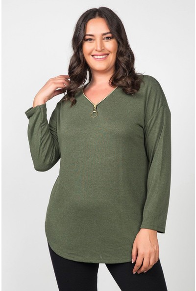 Womenice Kadın Haki Fermuar V Yaka Büyük Beden Bluz Womenice Kadın Haki Fermuar V Yaka Büyük Beden Bluz