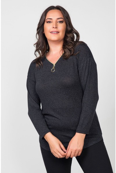 Womenice Kadın Antrasit Fermuar V Yaka Büyük Beden Bluz