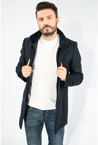 Suitmen Kürklü Yaka Kaşe Kaban Lacivert
