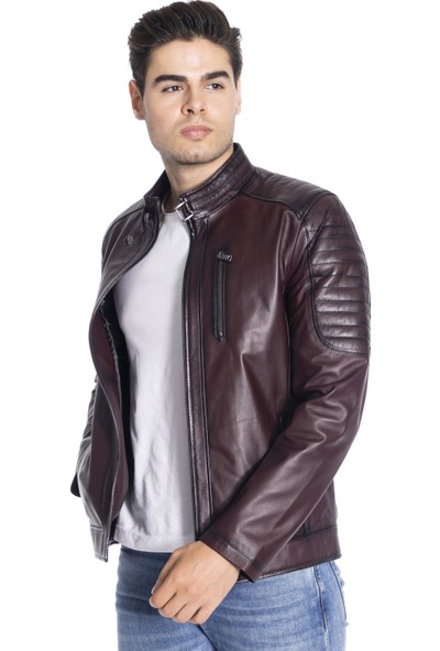 Derinss DER111 Deri Erkek Bordo Mont Ceket XS