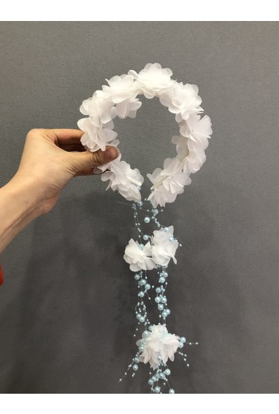 Hayalperest Boncuk Beyaz Lazer Çiçekli Taç