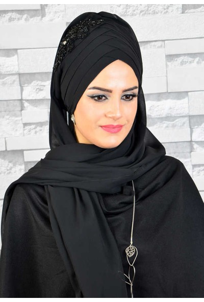 Aişe Tesettür Siyah Drapeli Bandana Pratik Hazır Şal