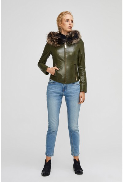 Deri Effect Haki Kadın Deri Ceket