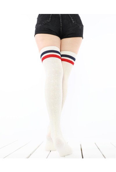Brogetti Beyaz Saç Örgü Dizüstü Çizgi Detaylı Çorap