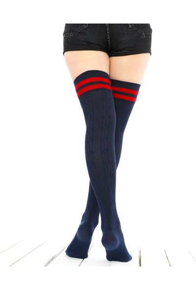 Brogetti Lacivert Saç Örgü Dizüstü Çizgi Detaylı Çorap