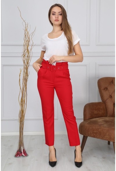 Bluence Beli Kemerli Kırmızı Kumaş Pantolon 46 Bluence Beli Kemerli Kırmızı Kumaş Pantolon 46