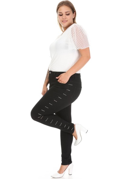 Perya Boy Incili Denim Jean Siyah Kadın Giyim