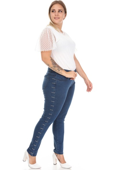 Perya Boy Incili Denim Jean Mavi Kadın Giyim