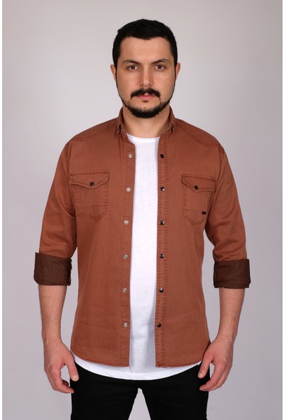 Bombe Erkek Kiremit Çift Cepli Çıtçıtlı Kot Gömlek 176059GMB