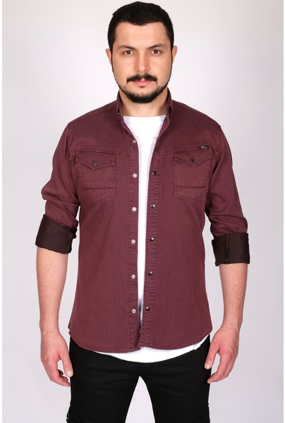 Bombe Erkek Bordo Çift Cepli Çıtçıtlı Kot Gömlek 195BRDGMB