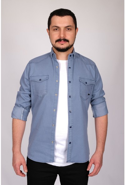 Bombe Erkek Mavi Çift Cepli Çıtçıtlı Kot Gömlek 585138GMB
