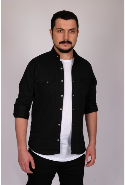 Bombe Erkek Siyah Çift Cepli Çıtçıtlı Kot Gömlek 176SYHGMB