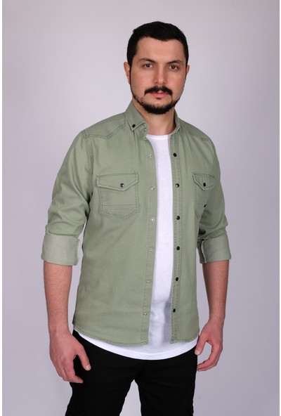 Bombe Erkek Su Yeşili Çift Cepli Çıtçıtlı Kot Gömlek 176060GMB